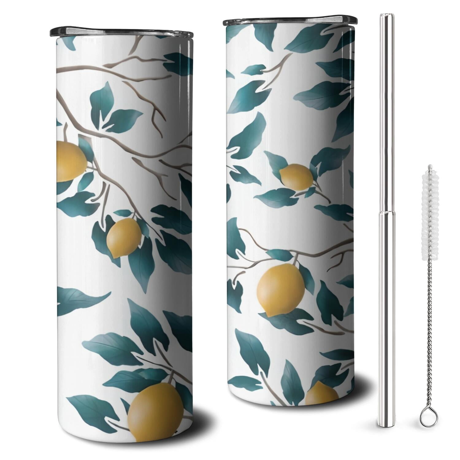 20oz Yellow Lemon Fruits White Pattern Skinny Tumblers Stainless Steel ...