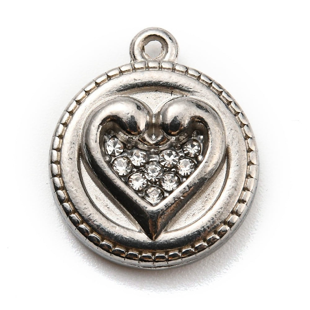 20pc 316 Surgical Stainless Steel with Rhinestone Pendants Flat Round ...