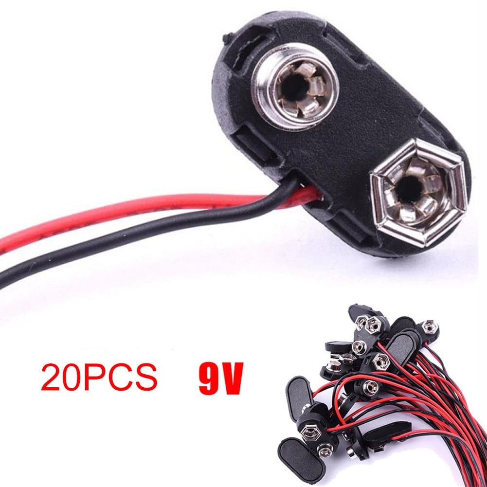 20Pc 9V Snap 9V (9 Volt) Battery Clip Connector T Type W Cable Black ...