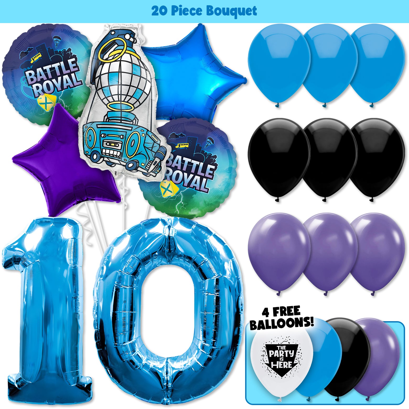 20pc Fort Game Battle Bus Balloon Kit with 42" Blue Balloon Number 10 ...