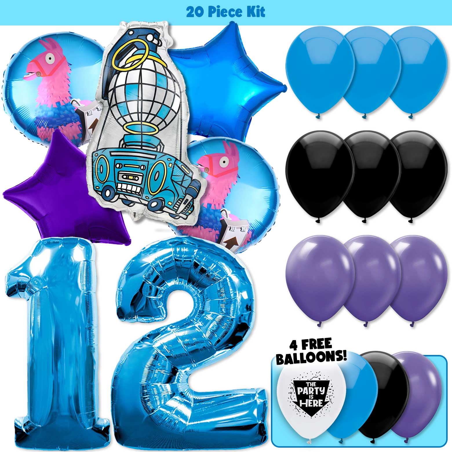 20pc Fort Game Battle Bus Balloon Kit with 42" Blue Balloon Number 12 ...