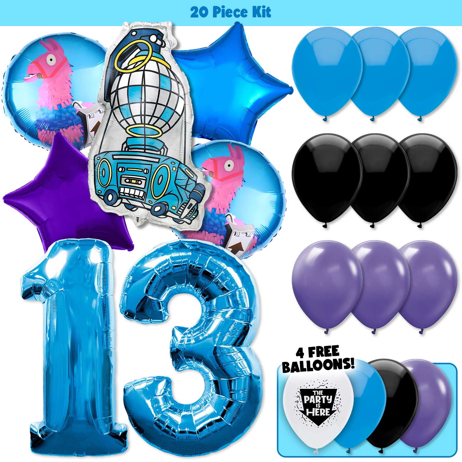 20pc Fort Game Battle Bus Balloon Kit with 42" Blue Balloon Number 13 ...