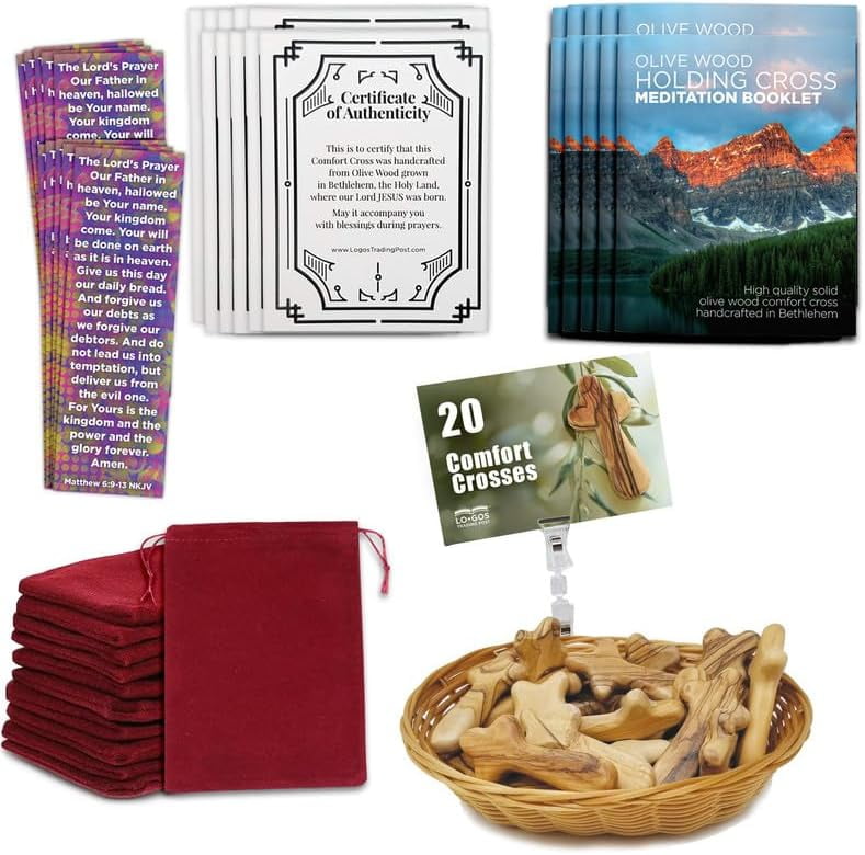 20pc Holy Land Olive Wood Comfort Cross Set, 3.75”, Bulk Velvet Pouch ...