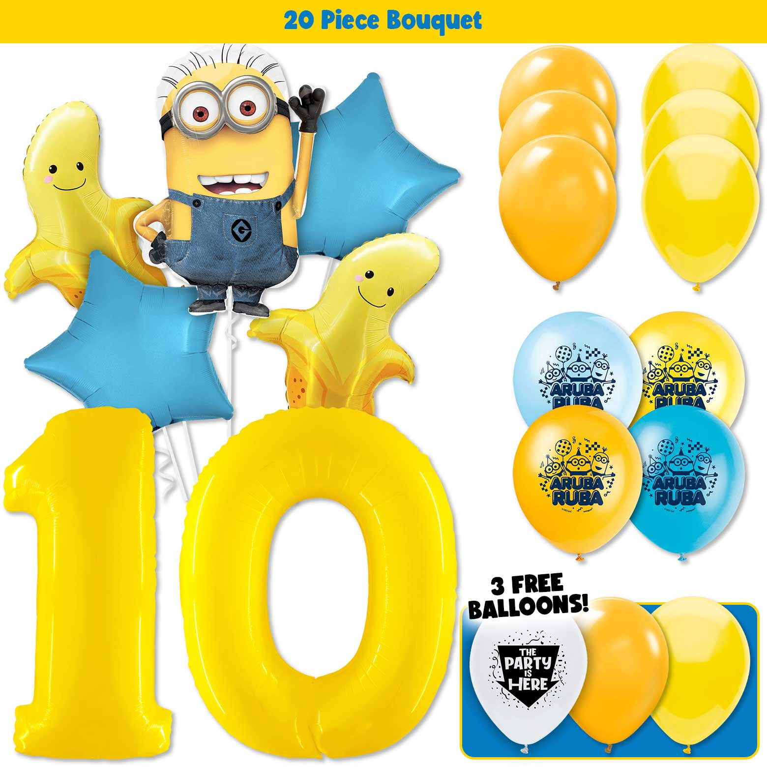 20pc Minions Banana-rama Balloon Kit with 40" Yellow Balloon Number 10 ...