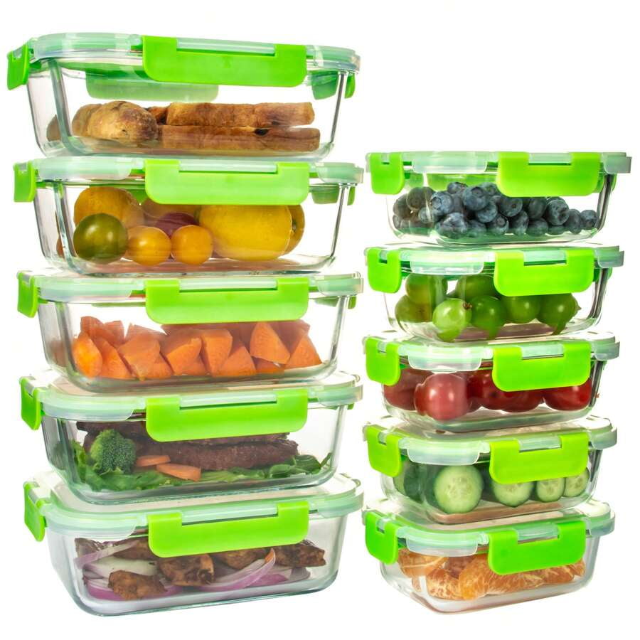 20pcs (10 Containers + 10 Lids)Glass Food Storage Containers With ...