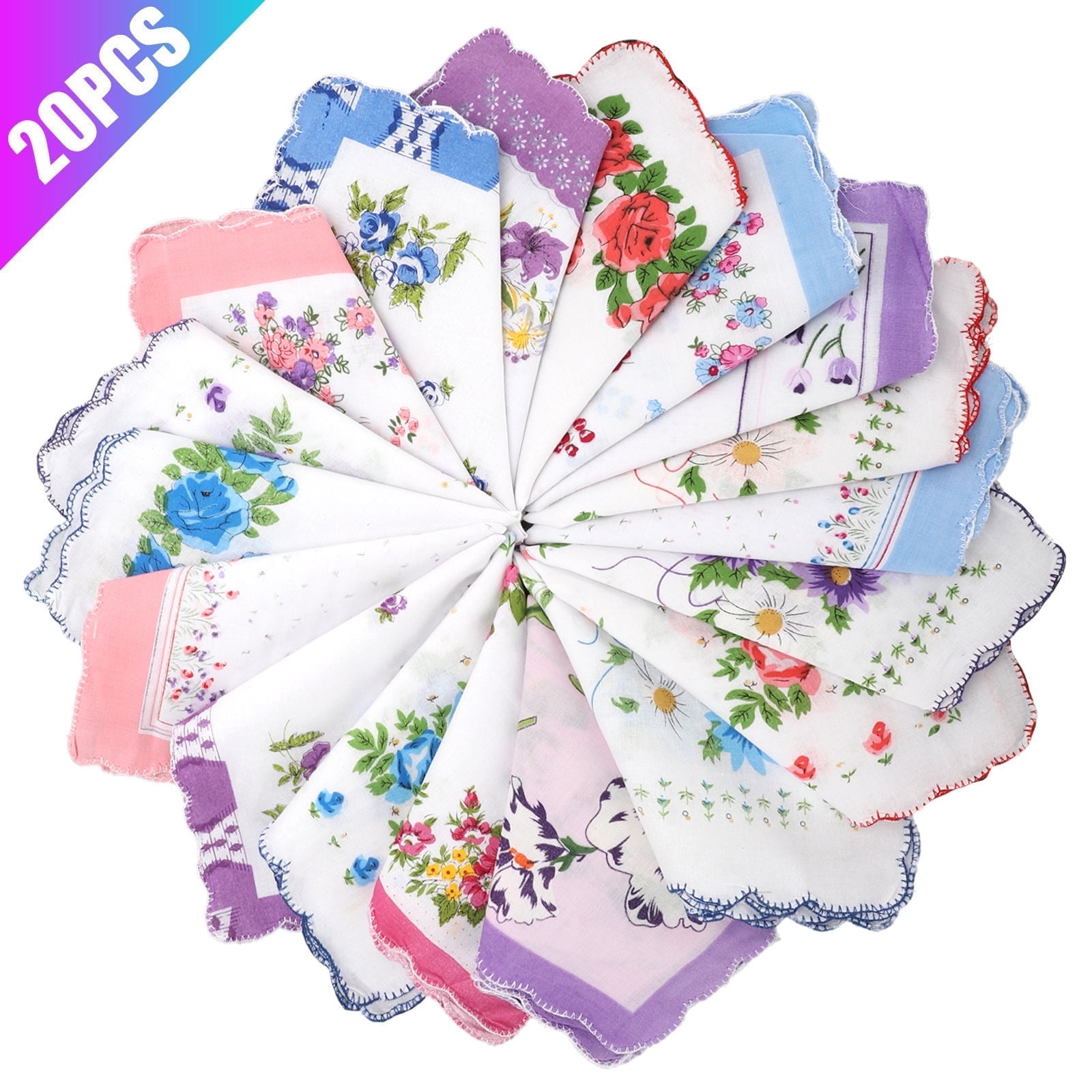 EEEkit 20pcs Colored Vintage Floral Print Handkerchiefs, 11''x11'' Soft ...