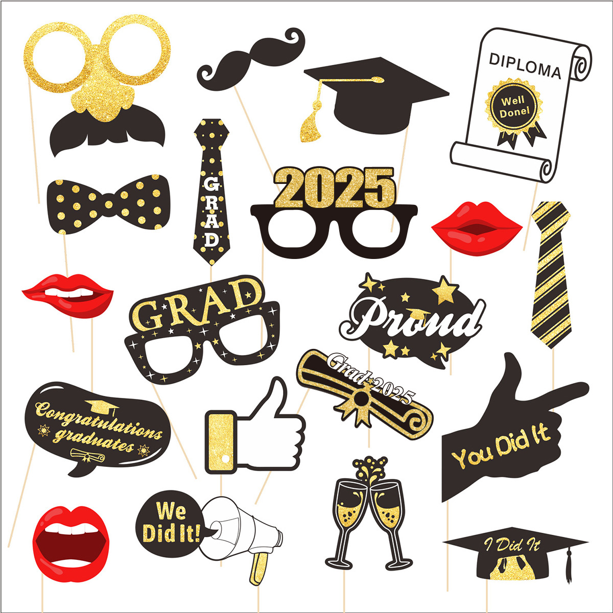 20pcs 2025 Graduation Season Photo Props Mustache Kiss GRAD Graduation ...