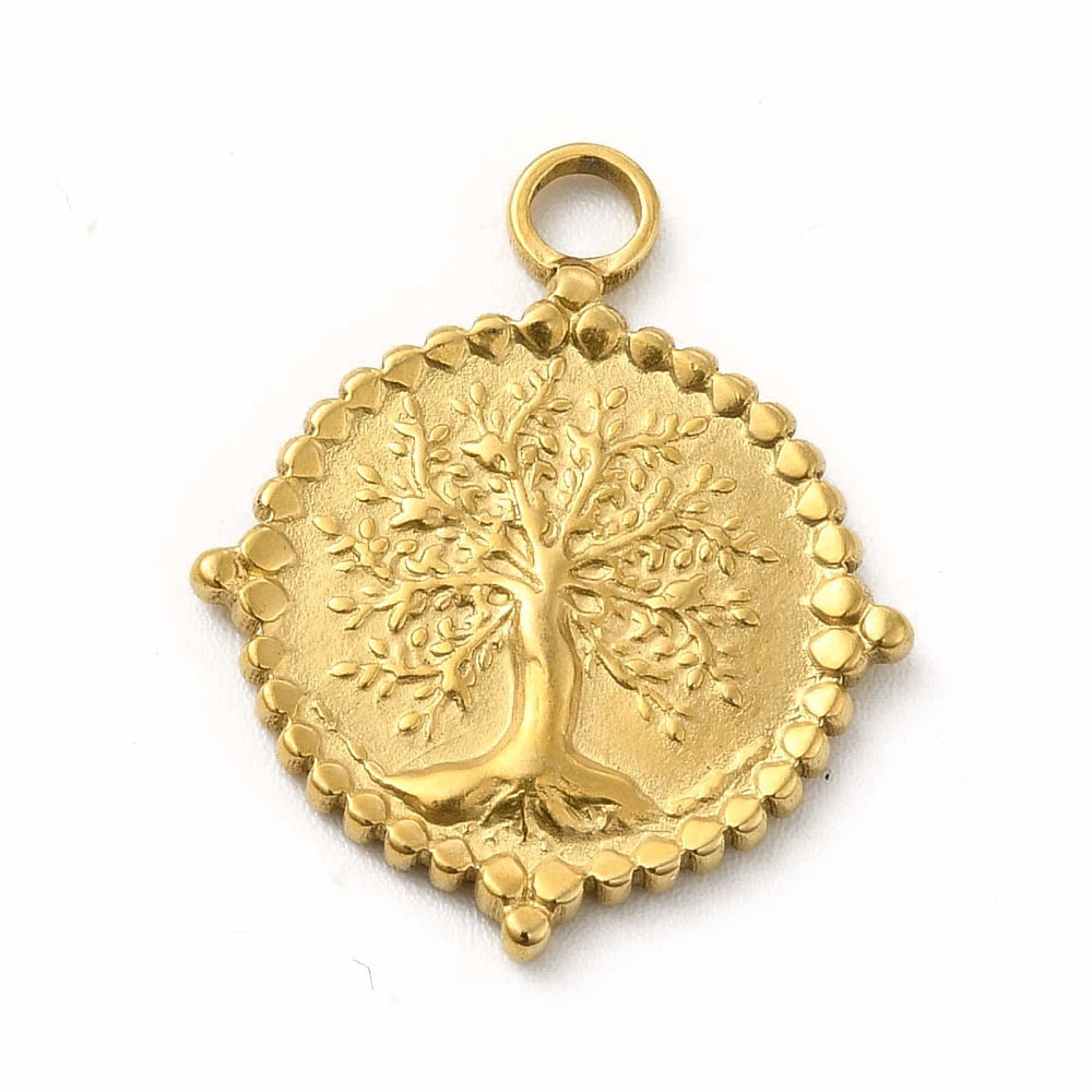 20pcs 304 Stainless Steel Pendants Flat Round with Tree of Life Charms ...