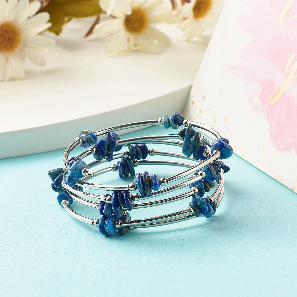 20pcs 5-Loop Natural Lazuli Chip Beaded Wrap Bracelets for Women Steel ...