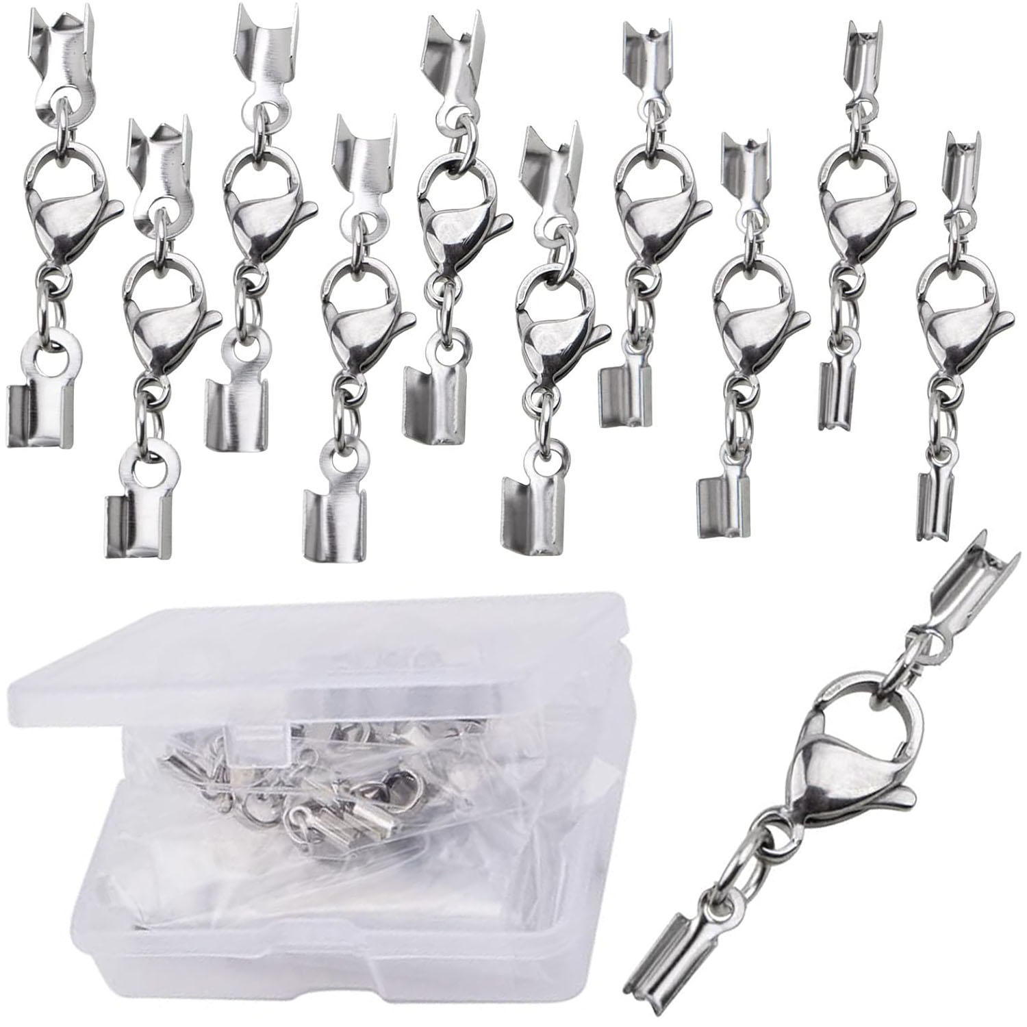 20pcs 5 Sizes Lobster Claw Clasps with Cord Ends Stainless Steel ...