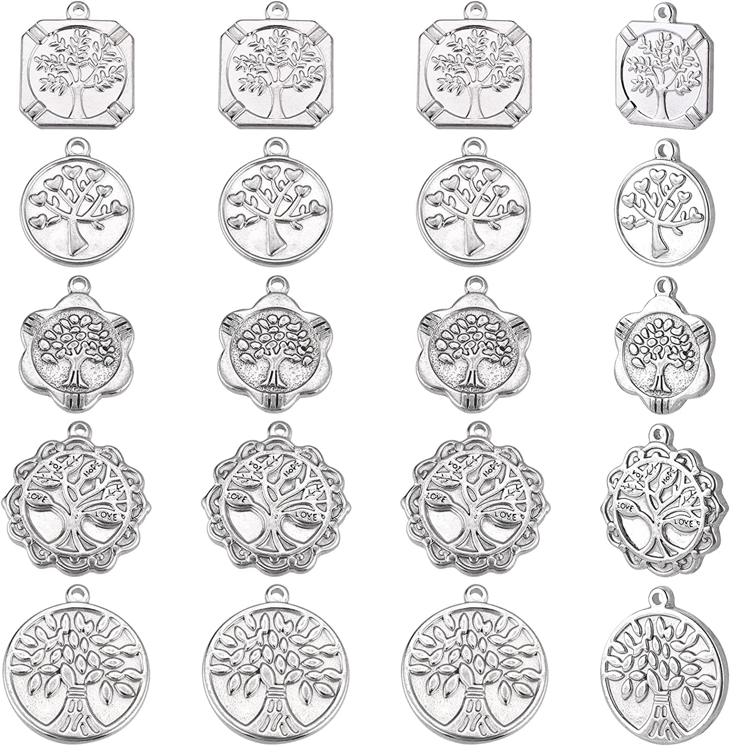 20pcs 5 Styles 304 Stainless Steel Tree of Life Pendants Heart Tree ...