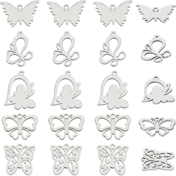 20pcs 5 Styles Butterfly Pattern Charms Stainless Steel Pendants Small ...