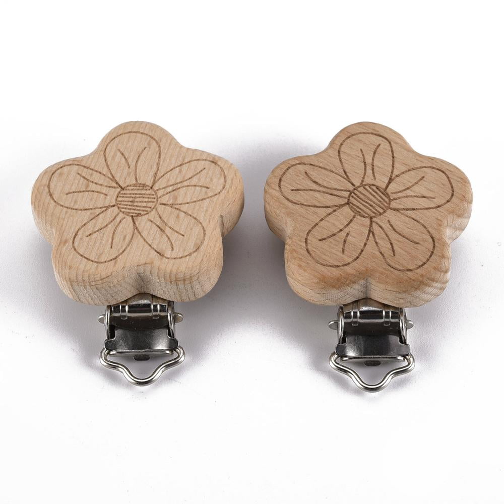 20pcs Beech Wood Pacifier Holder Clips with Iron Clips Flower BurlyWood ...