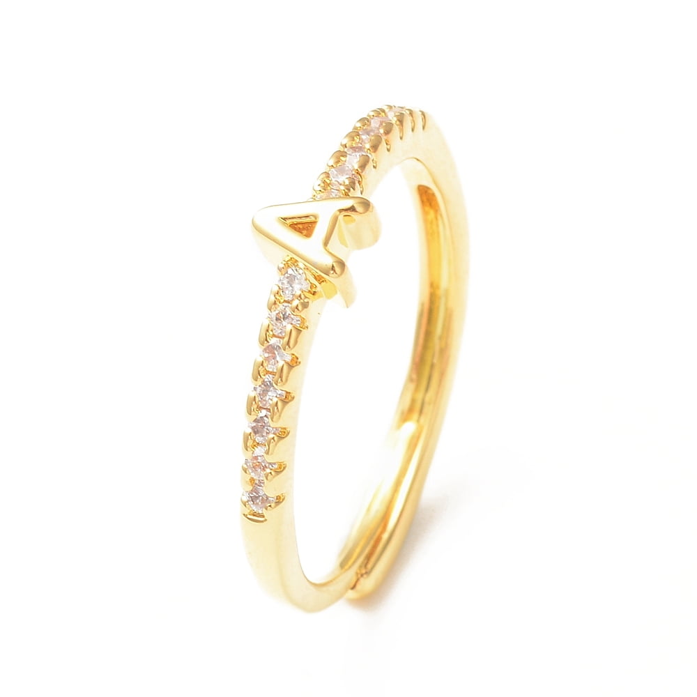 20pcs Clear Cubic Zirconia Initial Letter Adjustable Ring Golden Brass ...