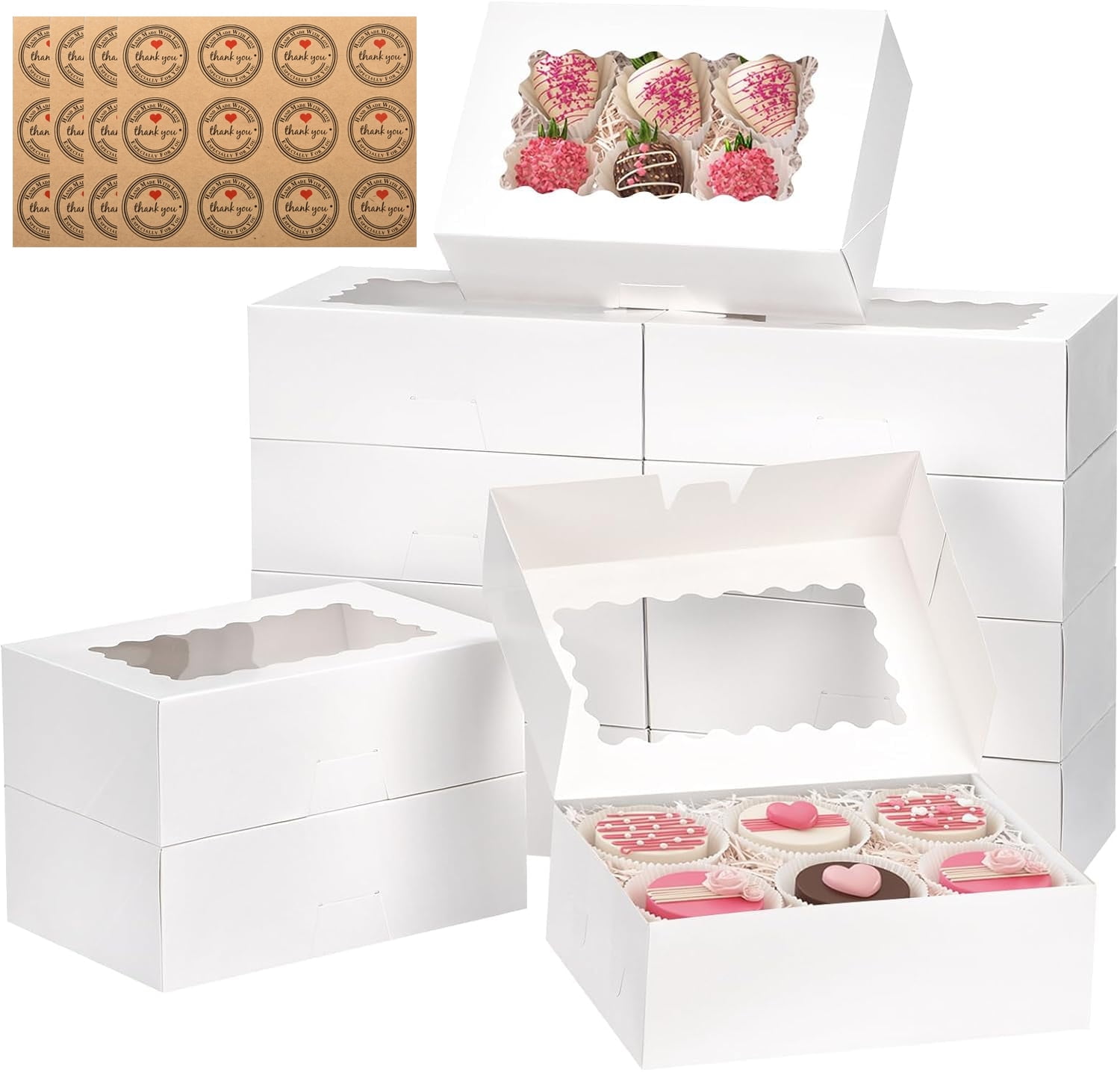 20pcs Cookie Boxes with Window & Stickers, 9x6x3 Inch White Bakery ...