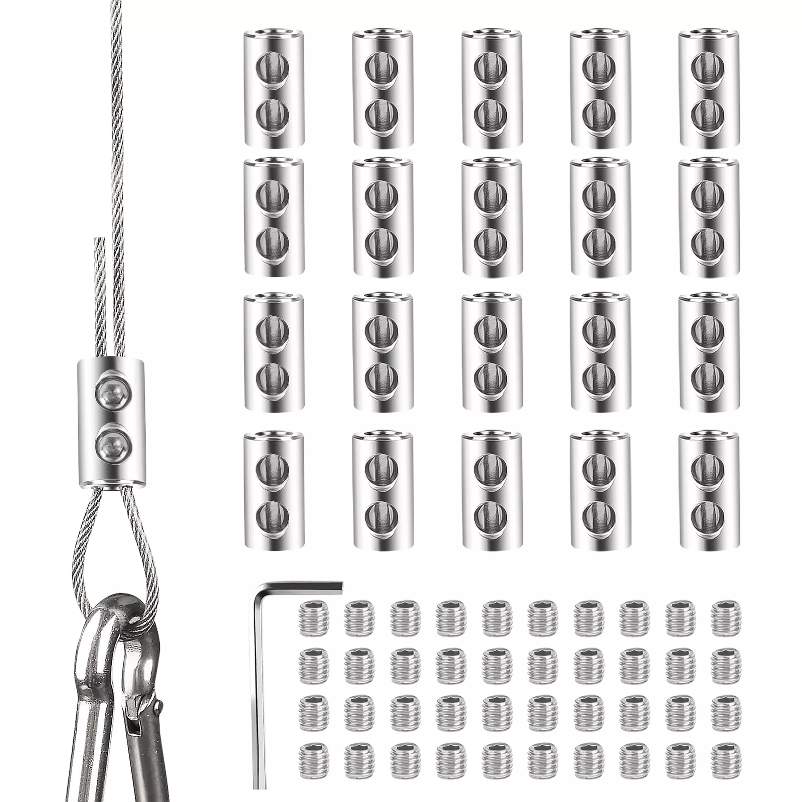 20pcs Double Wire Rope Clips Set with Screws Spanner for 1-2.5mm Cable ...