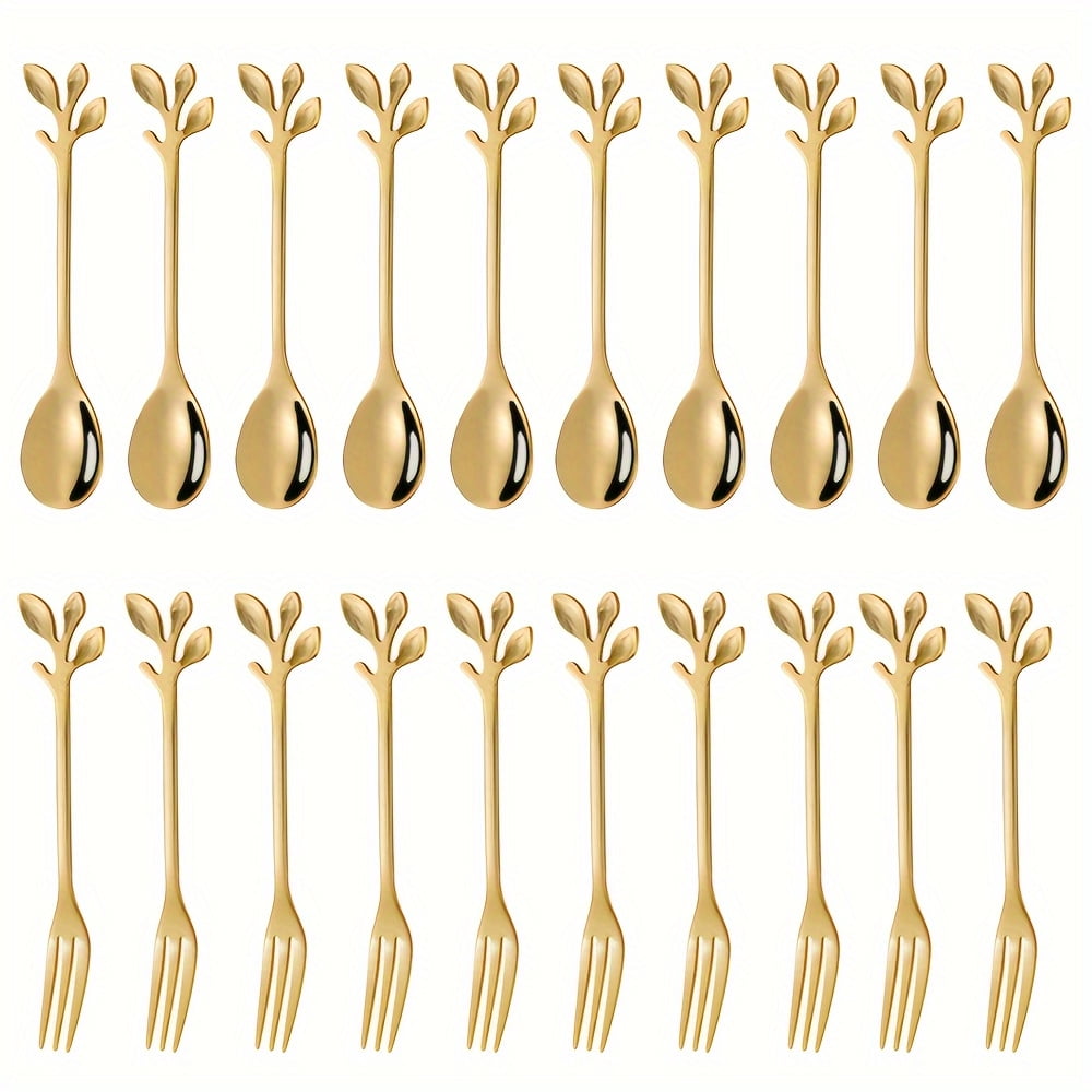 20pcs Elegant Golden Leaf Stainless Steel Mini Forks & Coffee Spoons ...