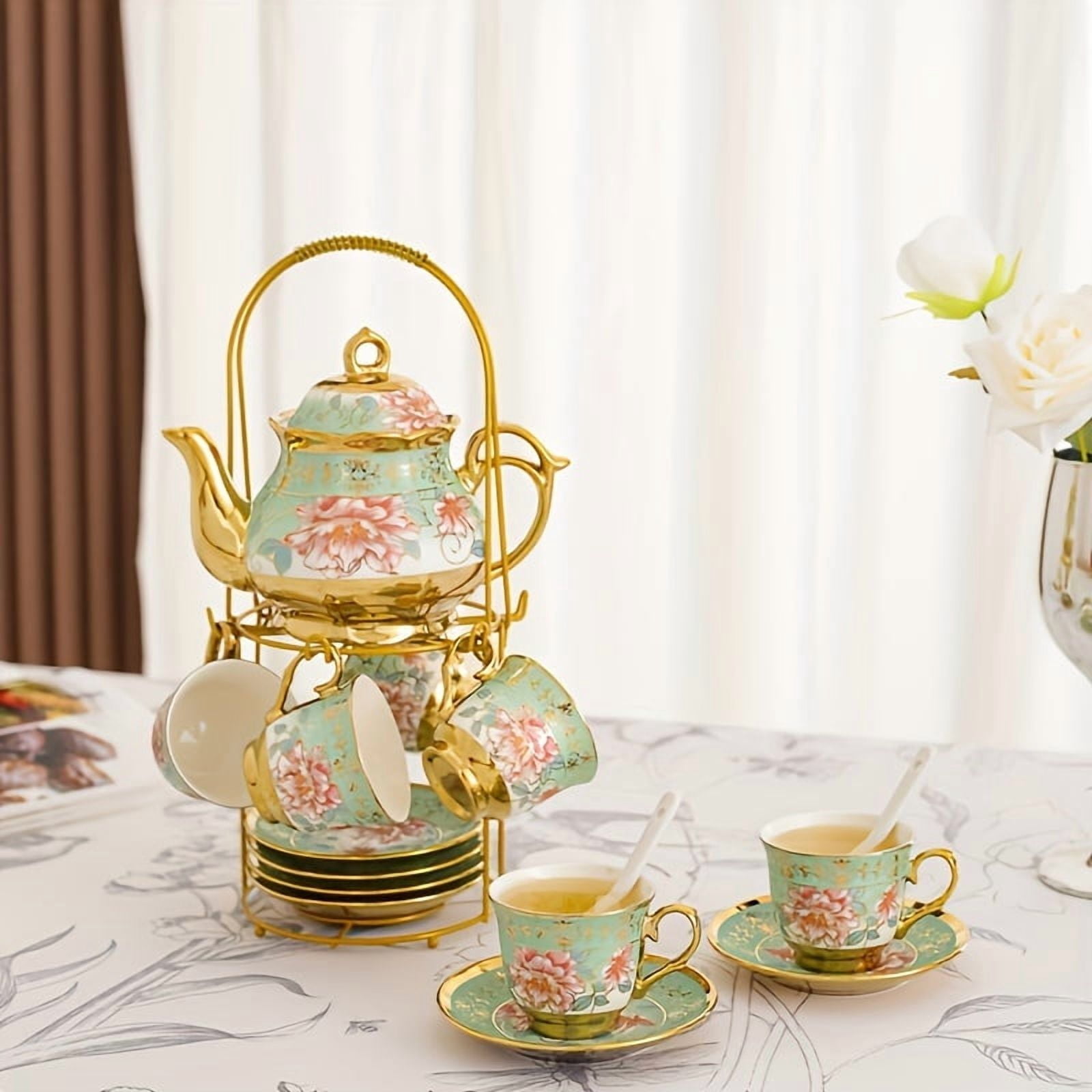20pcs Floral Ceramic Tea Set with Metal Stand - Porcelain Tea Cups ...