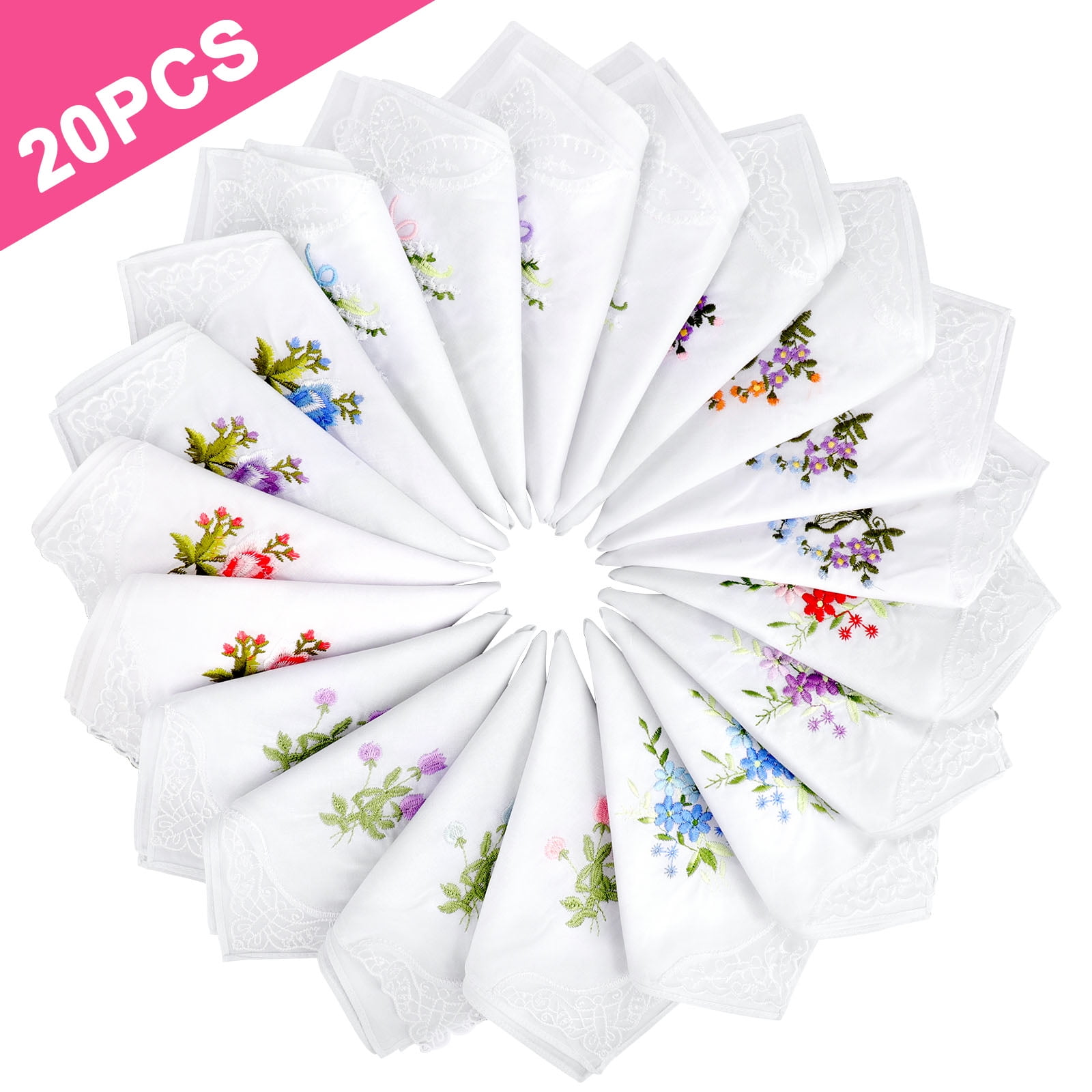 TSV 20pcs Soft Cotton Handkerchiefs for Women, Floral Embroidered with ...