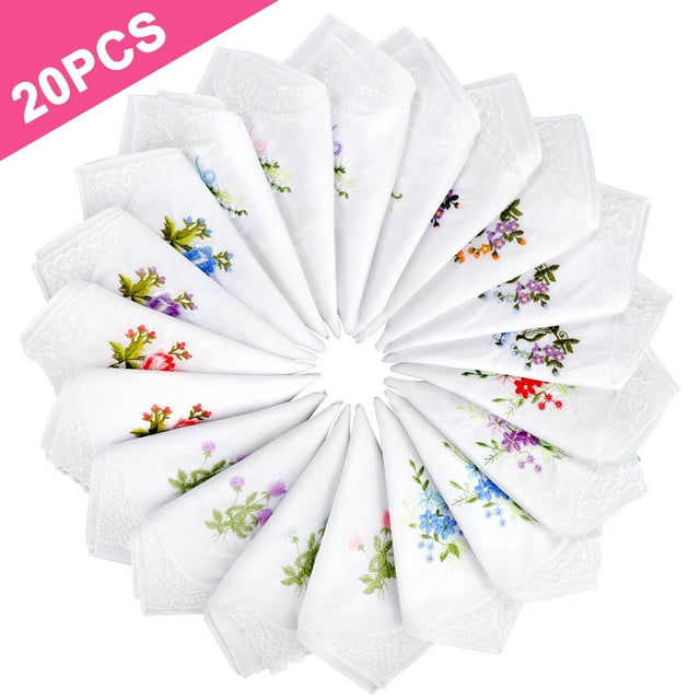 TSV 20pcs Soft Cotton Handkerchiefs for Women, Floral Embroidered with ...