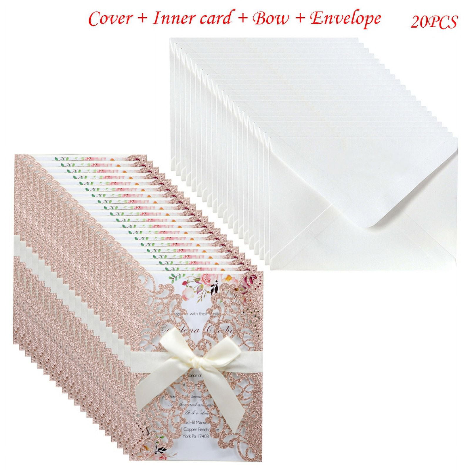 20pcs Glitter Hollow Invitations Cards with Envelopes Ribbon for ...