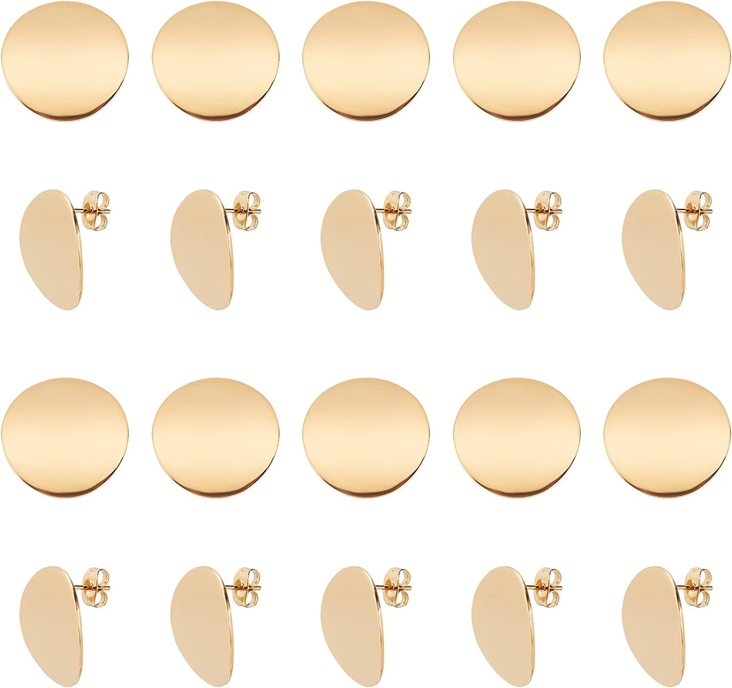20pcs Golden Stud Earring Findings with Loop Ear Nuts Flat Round ...