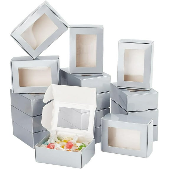 20pcs Grey Bakery Box with Window 3.4x2.4x1.2 Inch Cookie Box Kraft ...