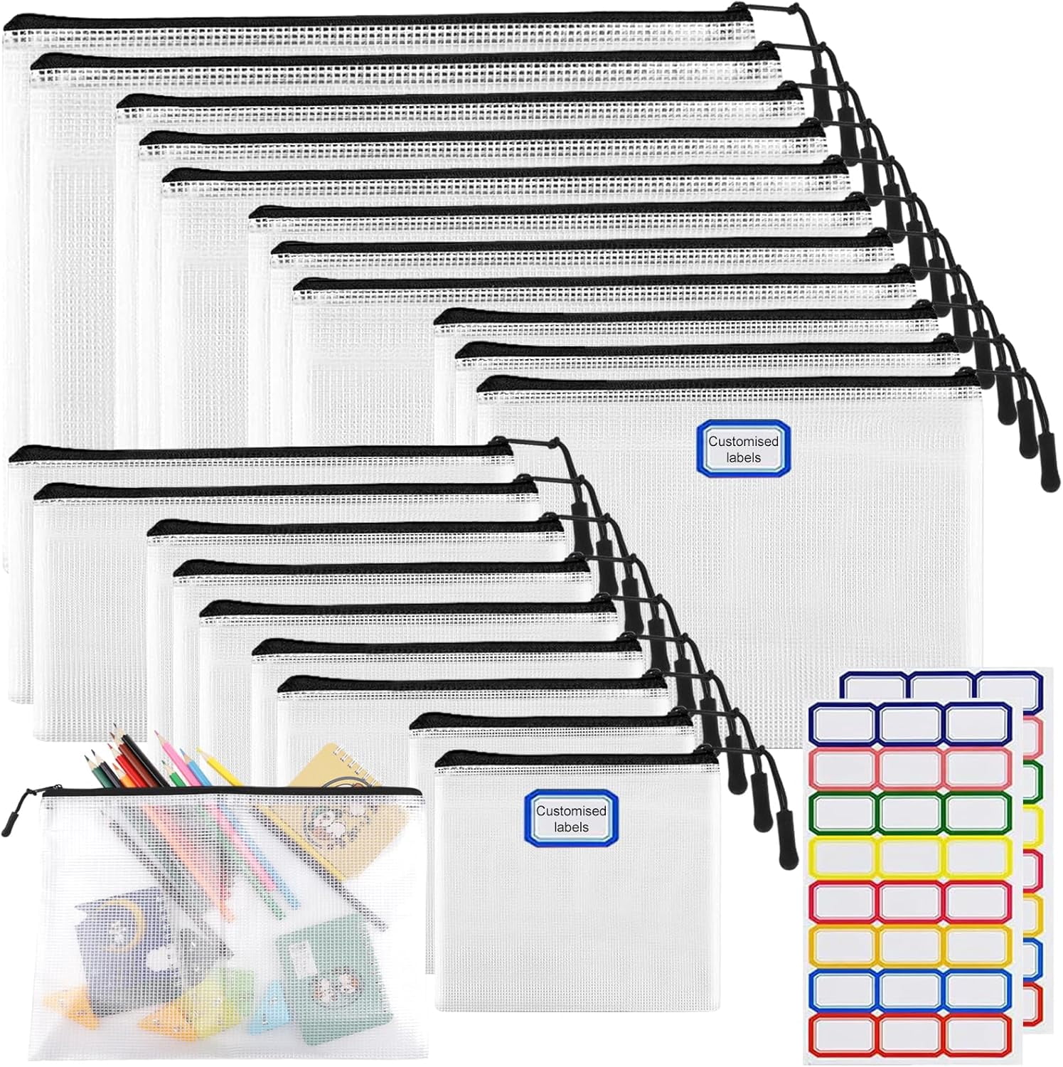 20pcs Multisize Mesh Zipper Pouch, Waterproof Bags for Office Supplies ...