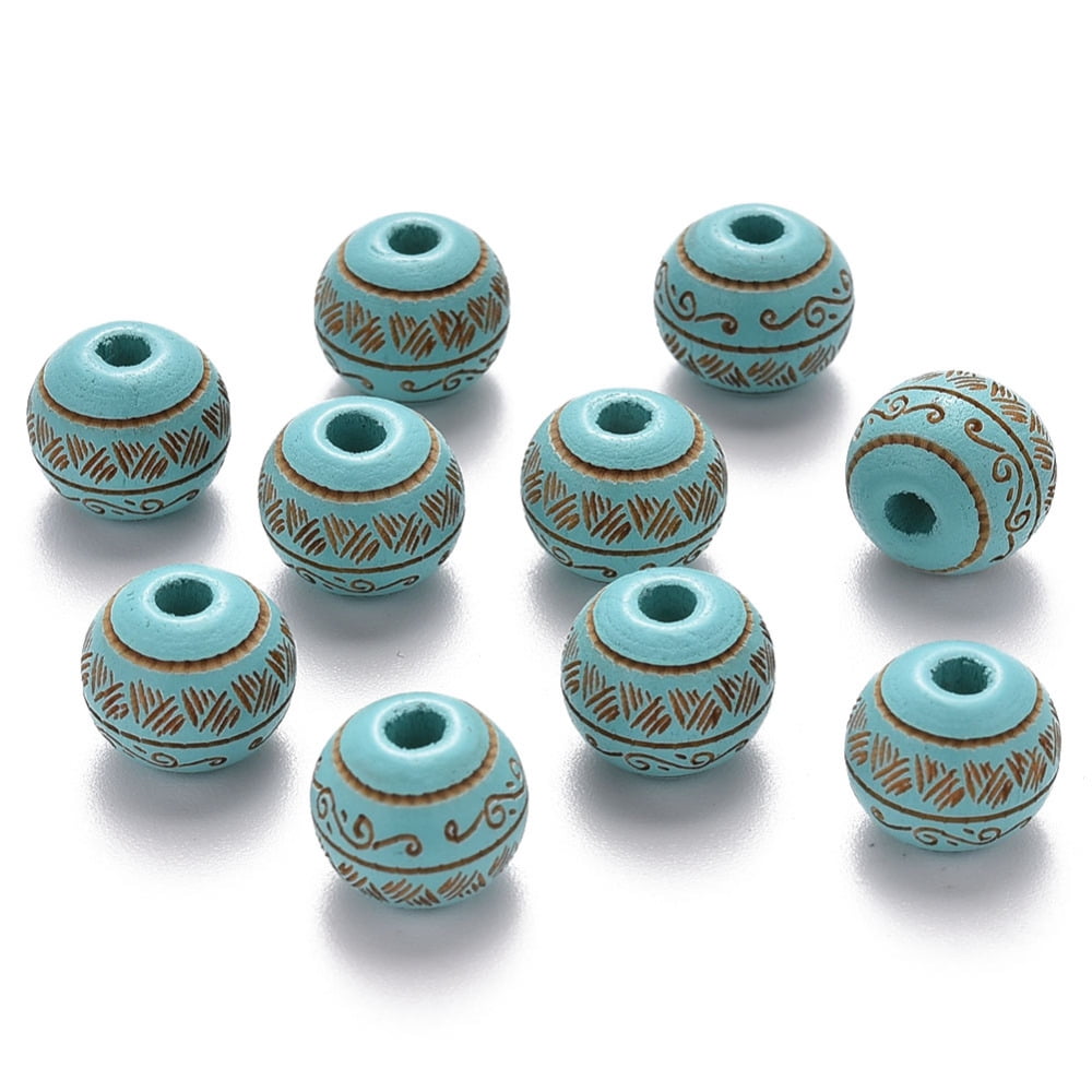 20pcs Painted Natural Wood Beads Laser Engraved Pattern Round with ...