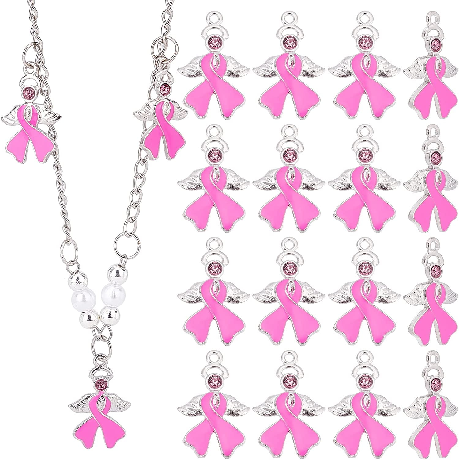 20pcs Pink Ribbon Awareness Charms with Angel Wing Breast Cancer ...