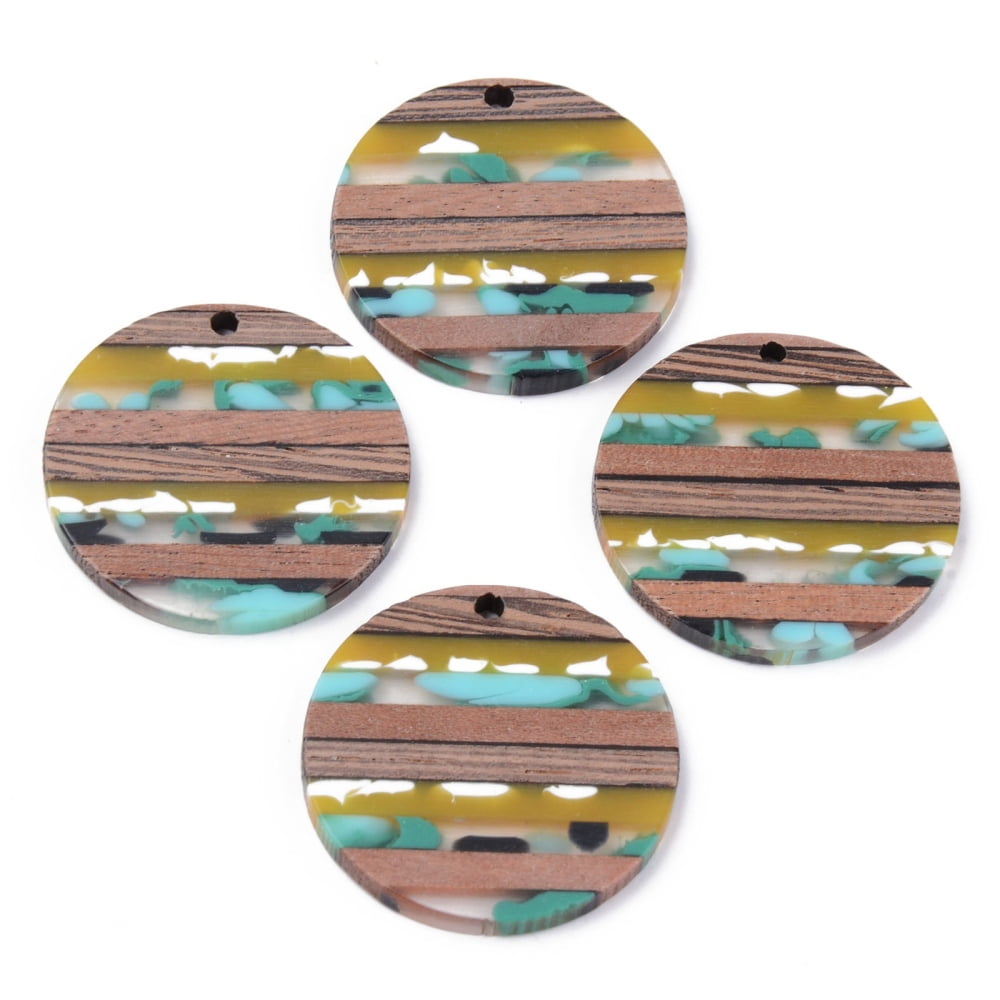 20pcs Resin & Walnut Wood Pendants Flat Round Colorful 30x2~3mm Hole ...