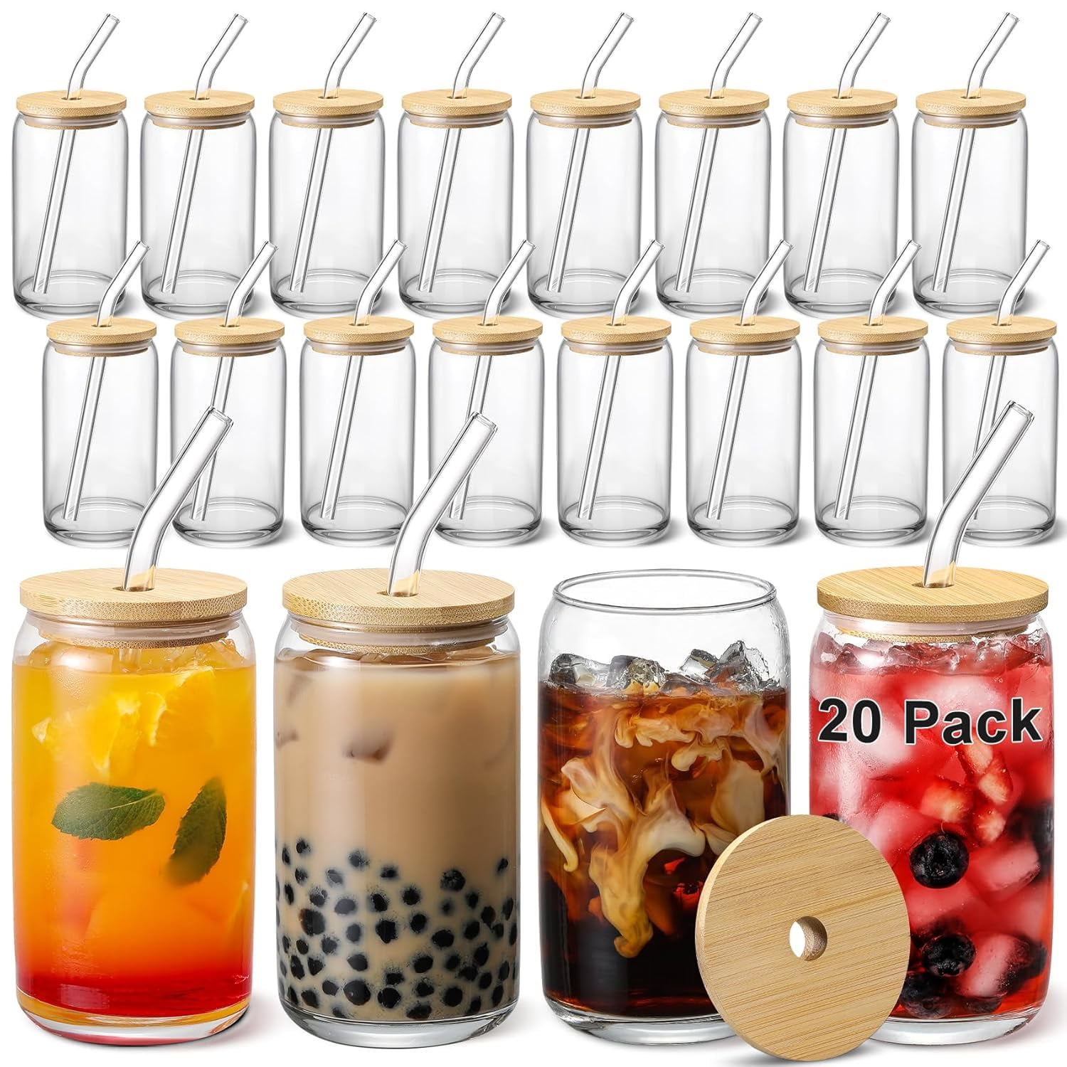 [ 20pcs Set ] Glass Cups with Bamboo Lids and Glass Straw - Beer Shaped ...
