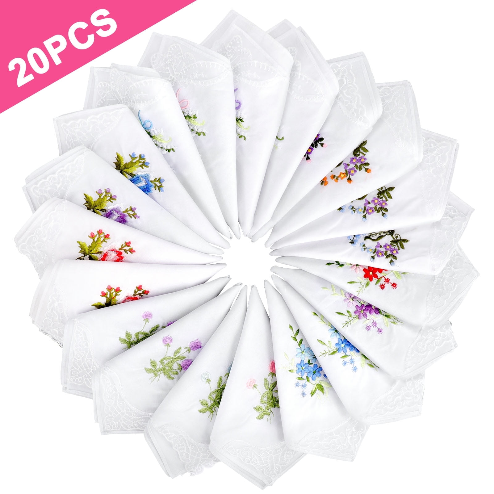 20pcs Vintage Floral Handkerchiefs, Women's Cotton Handkies, Flower ...