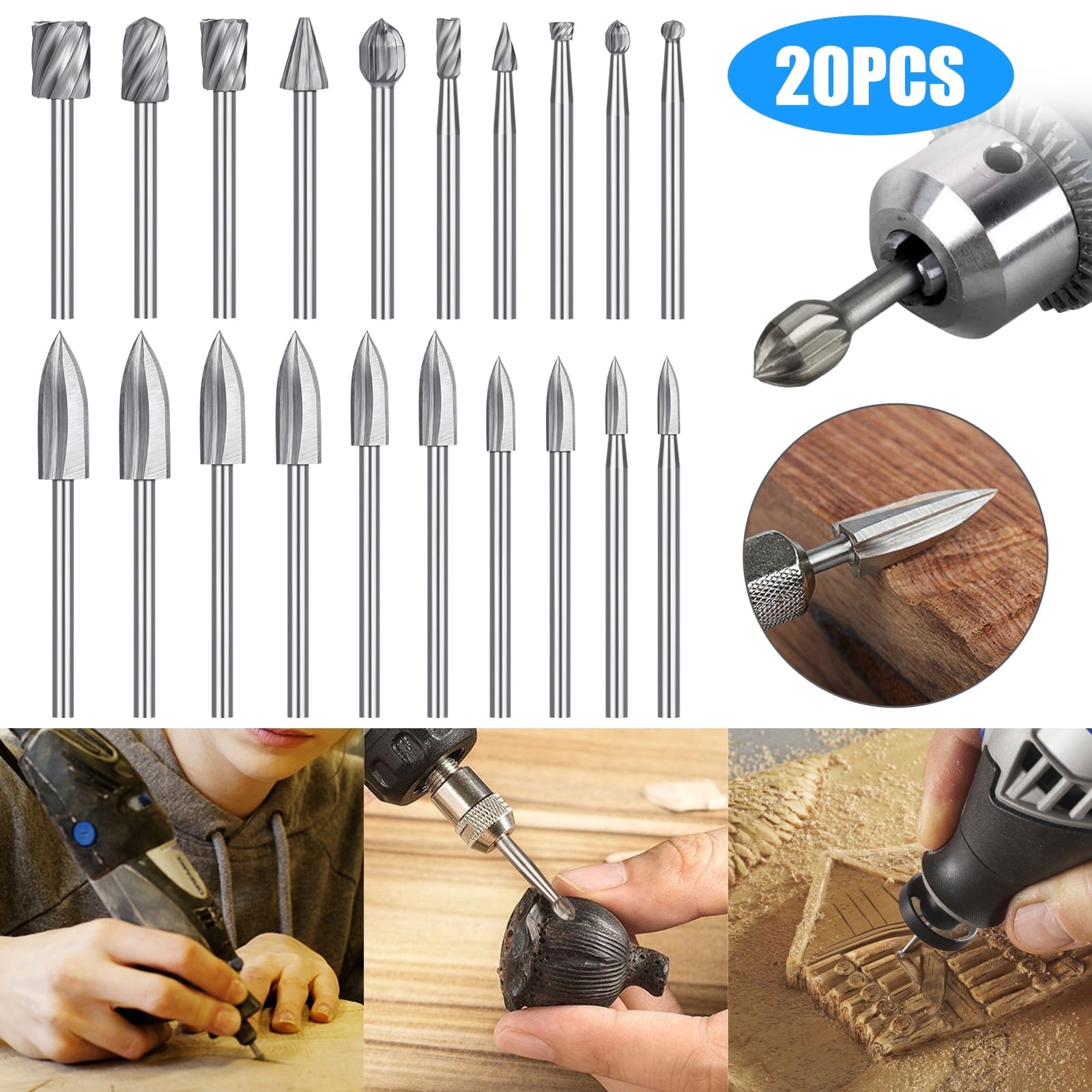 20pcs Wood Carving Drill Bits, Double Cut Carbide Rotary Burrs for ...