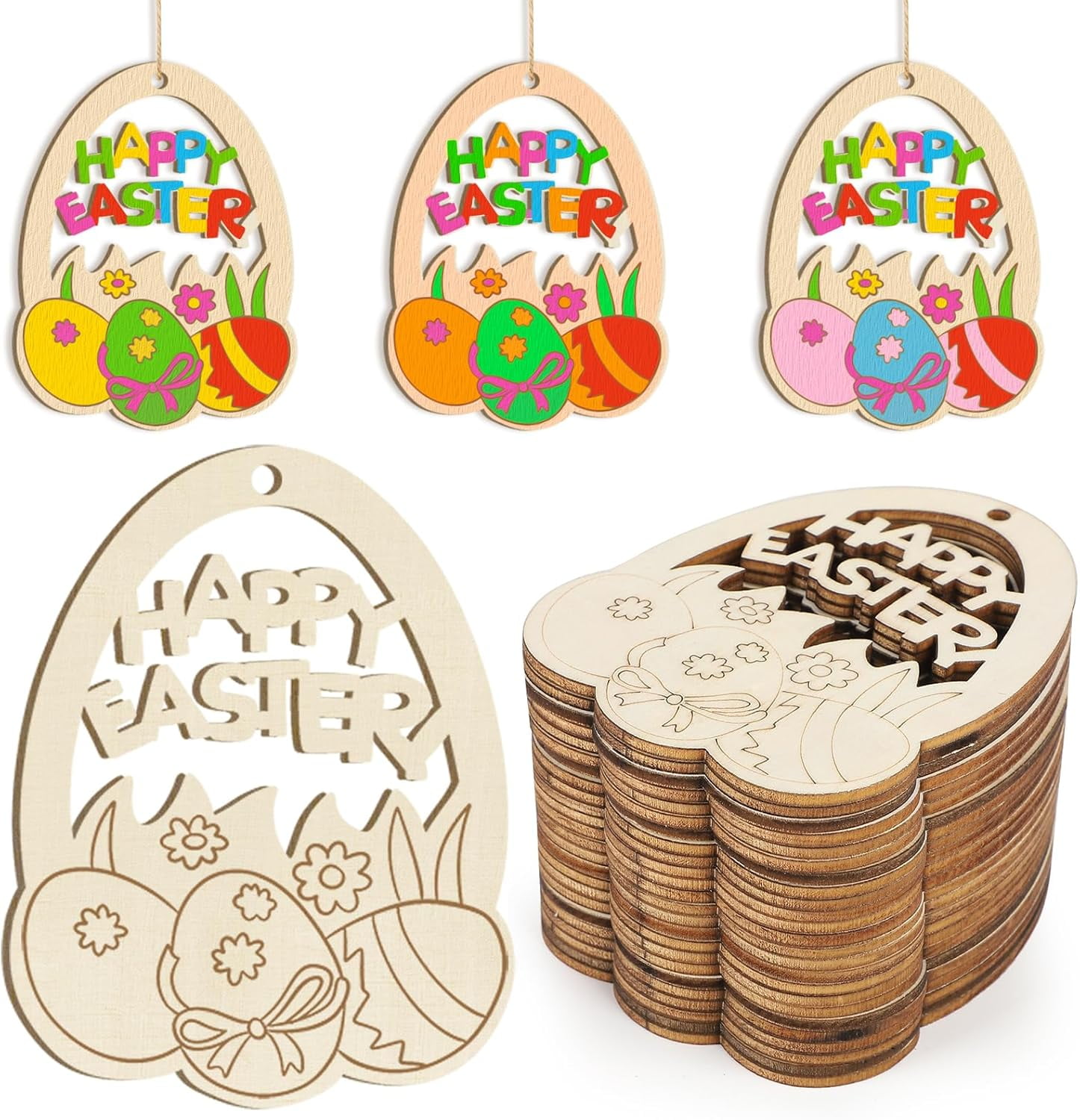 20pcs Wooden Happy Easter Slices Unfinished Wooden Easter Cutout ...