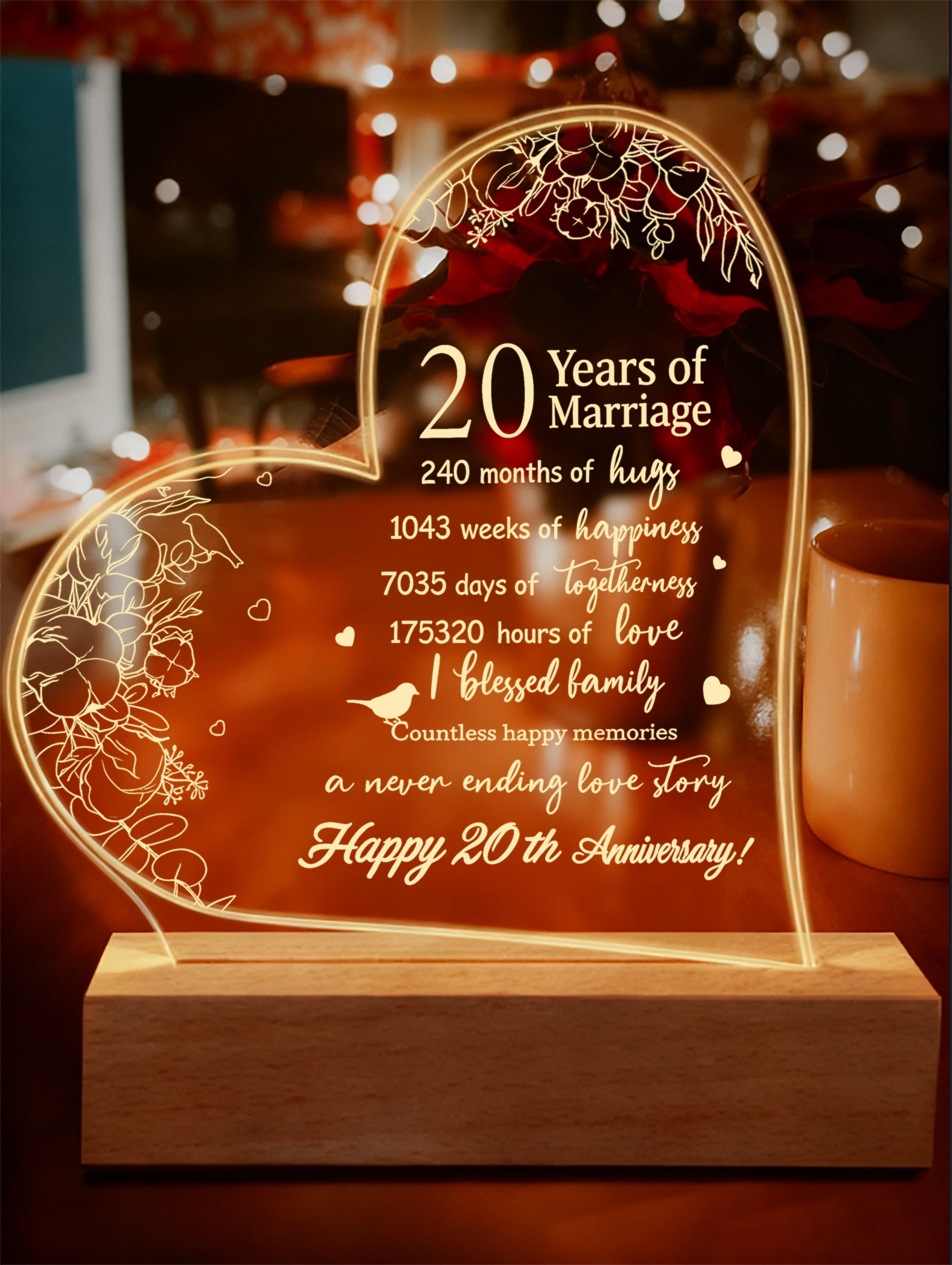20th Anniversary Acrylic LED Night Light - Heart Marriage Keepsake ...