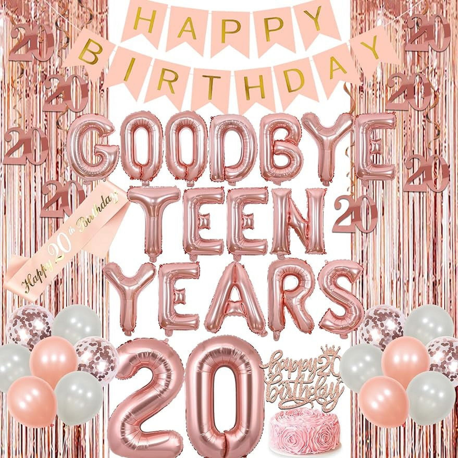 20th Birthday Decorations for Woman Rose Gold Goodbye Teen Years Balloon Banner Happy 20th ...