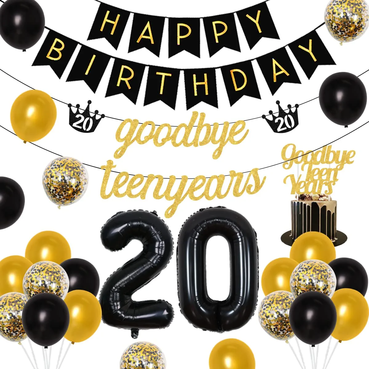 20th Birthday Party Decorations - Black Gold, Goodbye Teen Years Banner ...