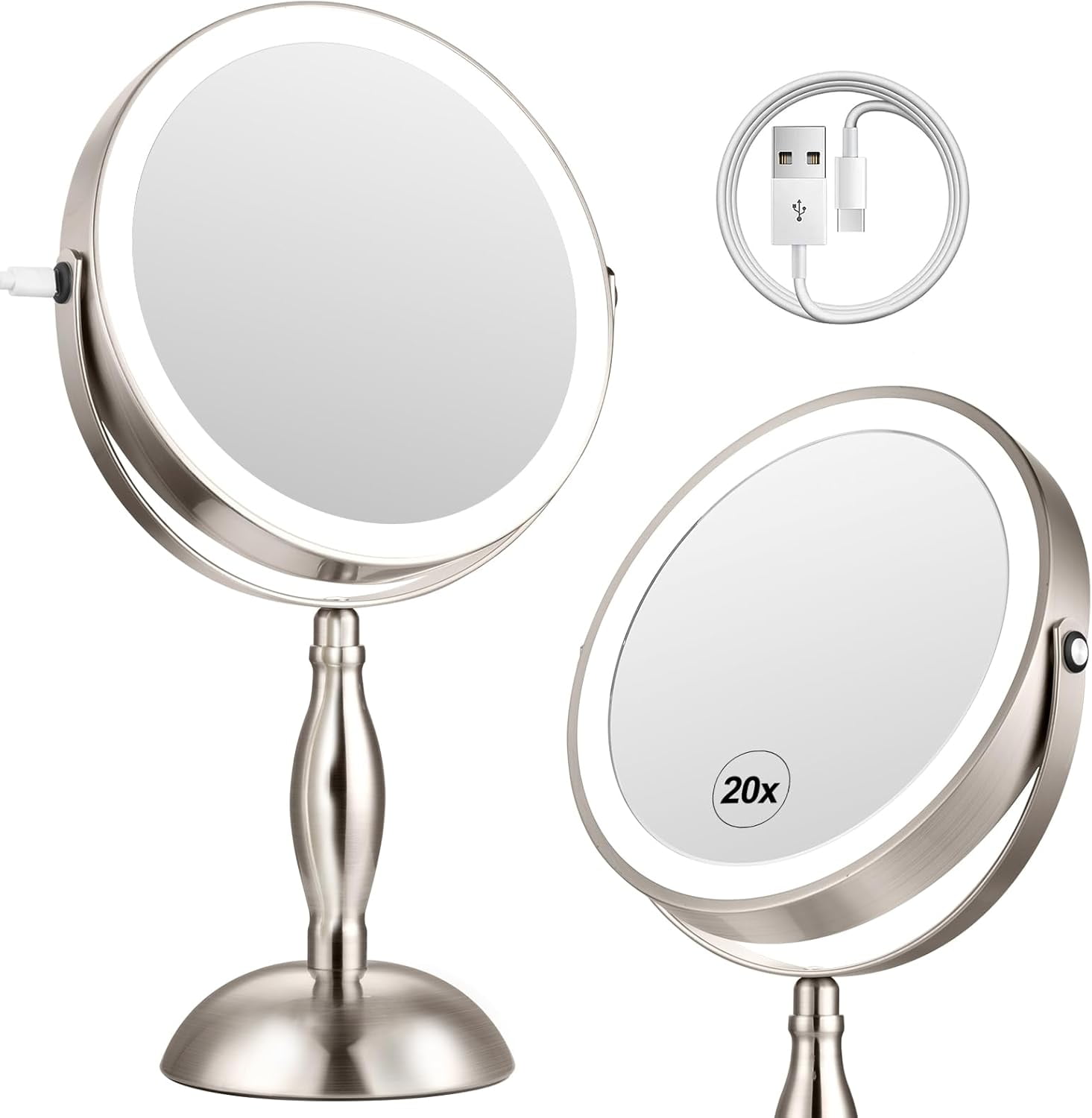 20x Magnifying Mirror with Light, 5000mAh Lighted Makeup Mirror with 3 ...