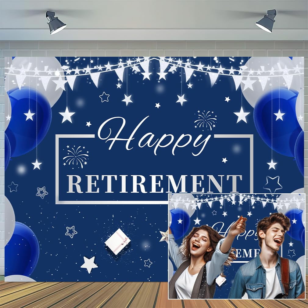 20x10ft Blue Silver Retirement Party Decorations Backdrop, Large Fabric ...