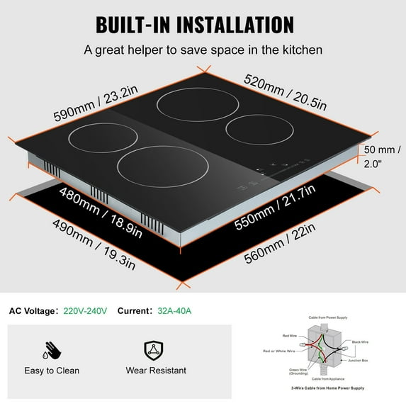 20x11.6 Inch Built-In Electric Cooktop, 2-Burner Glass Ceramic Stove ...