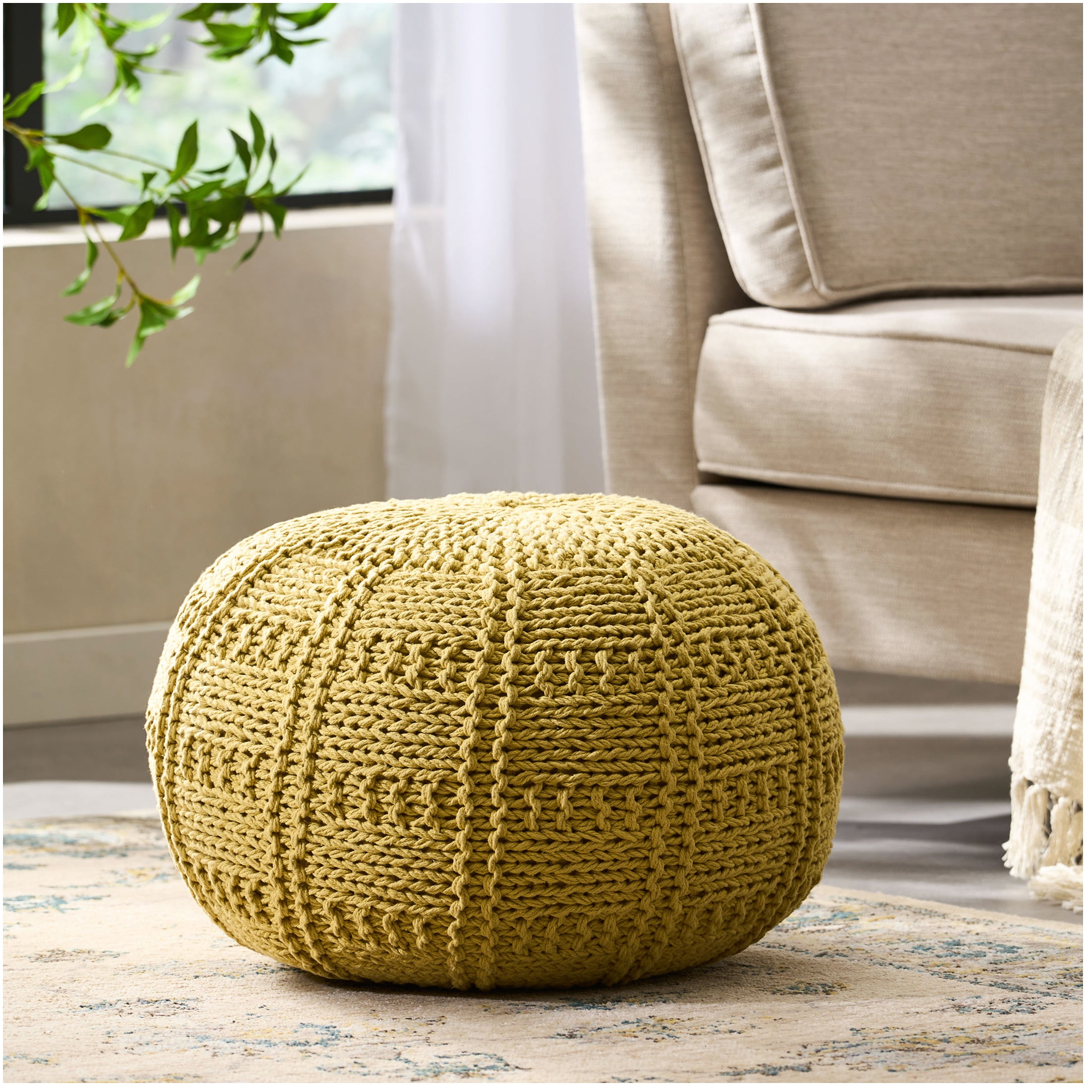 20x20 Inch Knitted Cotton Round Pouf, Yellow Handwoven Footstool ...