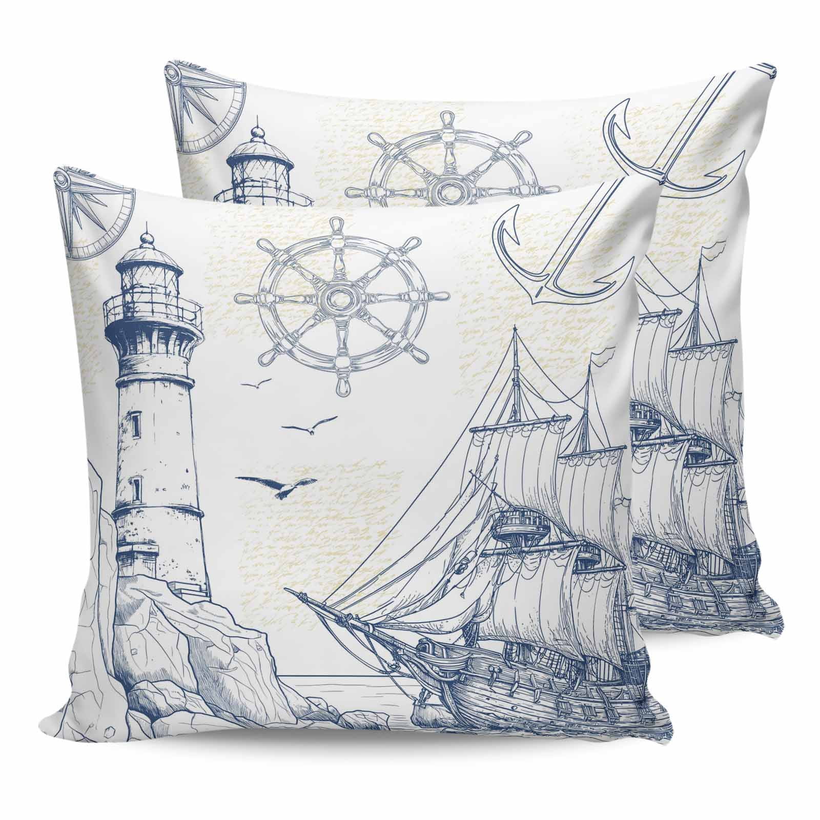 20x20 Pillow Covers Set of 2, Nautical Ship Lighthouse Throw Pillow ...