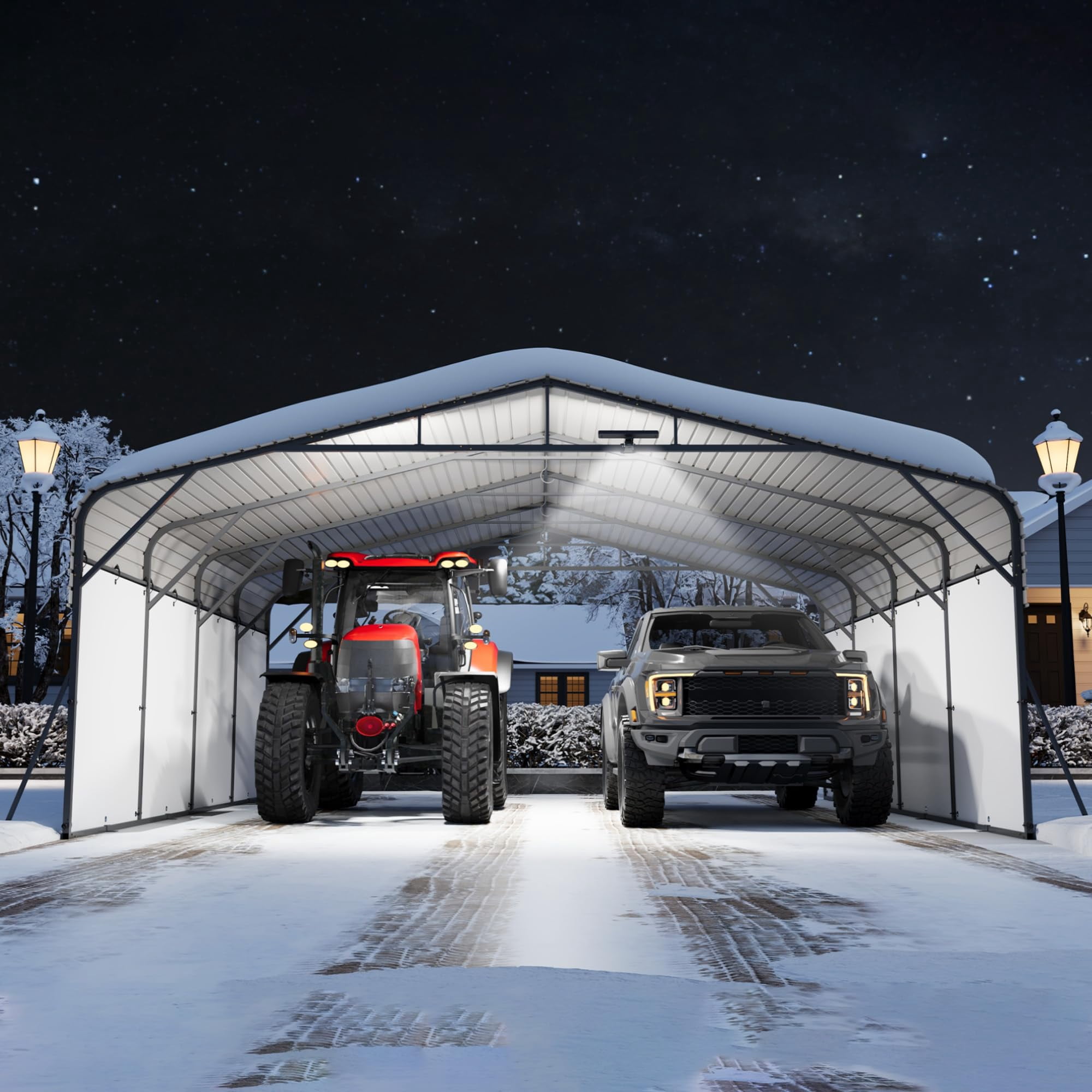 20x20FT Metal Carport w/Led Light,Outdoor Portable Car Garage,Removable ...