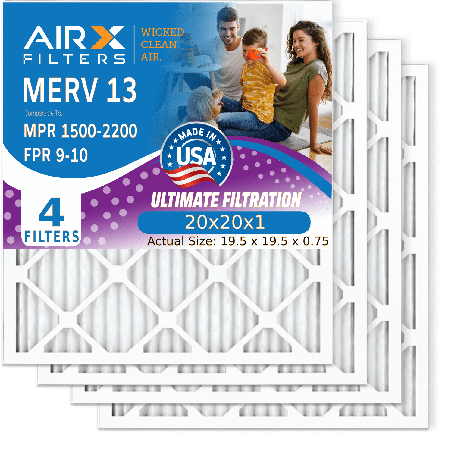 20x20x1 Air Filter MERV 13 Comparable to MPR 1500 2200 FPR 9 Electrostatic Pleated Air Conditioner Filter 4 Pack HVAC AC Premium USA Made 20x20x1 Furnace Filters by AIRX FILTERS WICKED CLEAN AIR. Walm...