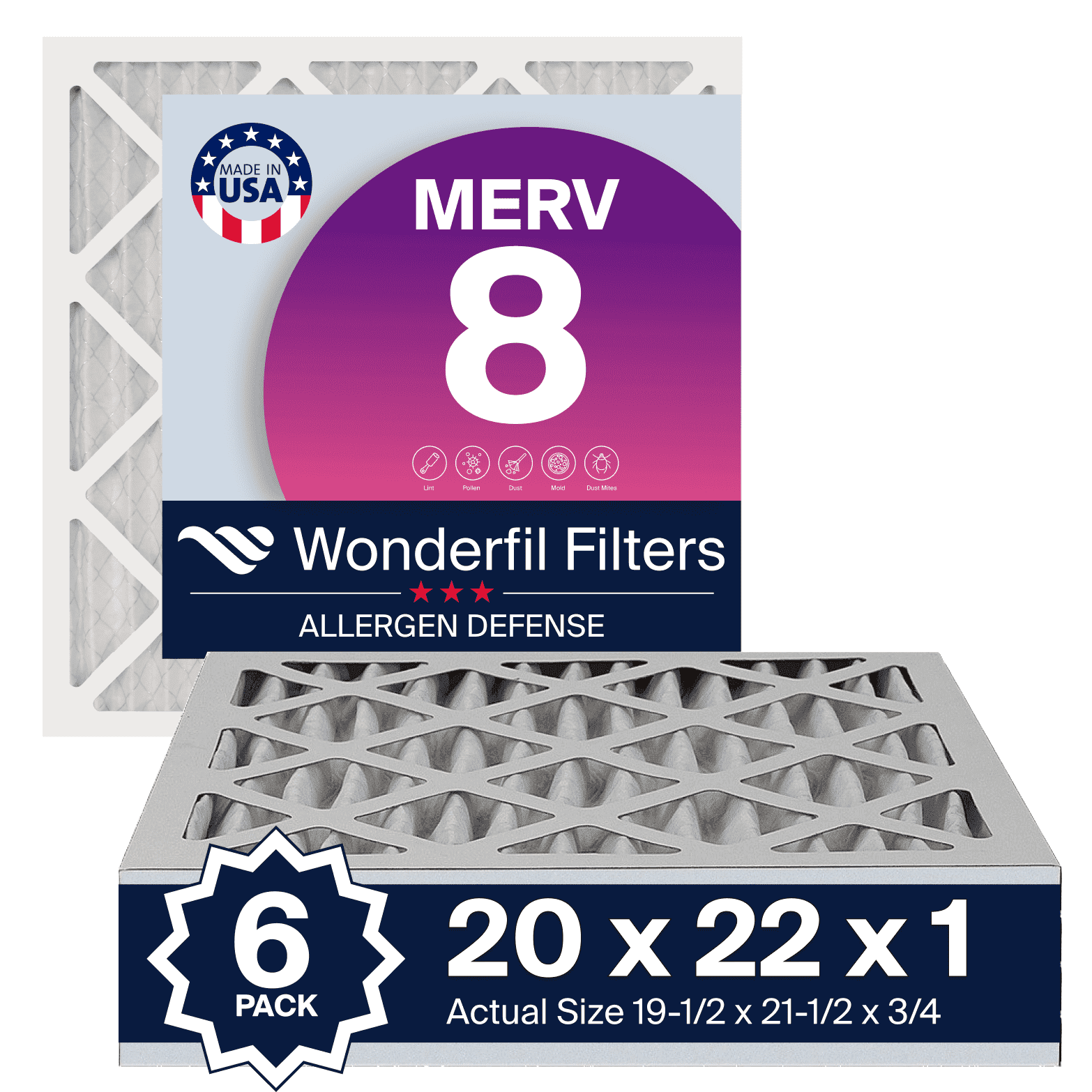 20x22x1 MERV 8 Air Filter (6-Pack) | Wonderfil Filters | Pleated HVAC ...