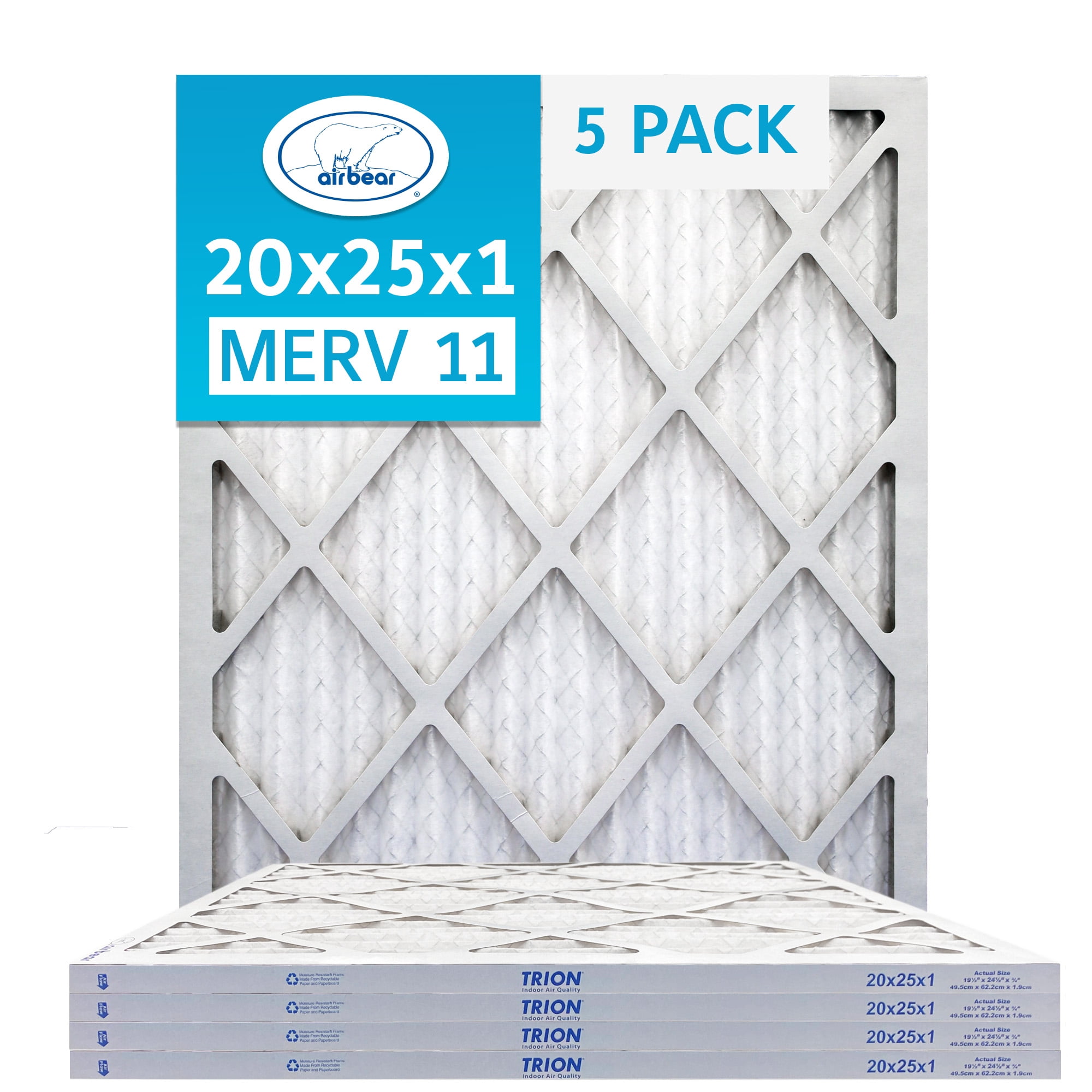 20x25x1 Air Filter MERV 11 (5-Pack) TRION Air Bear Pleated HVAC Air ...