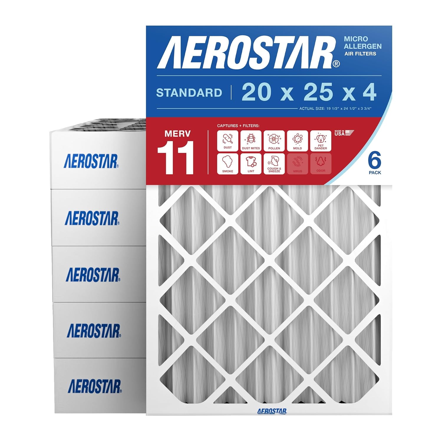 20x25x4 MERV 11 - 6 Count - Pleated HVAC, Furnace & Air Conditioner ...