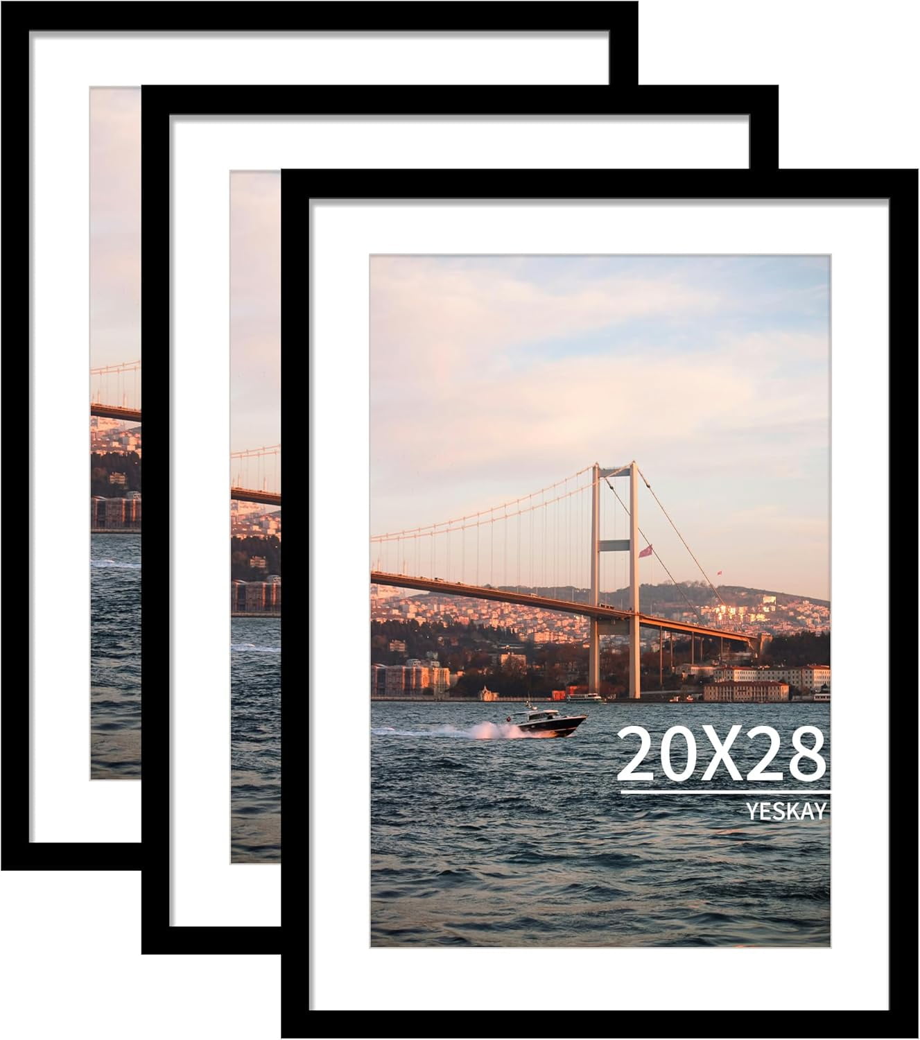 20x28 Picture Frame Black Set of 3, Display Pictures 16x24 with Mat or ...