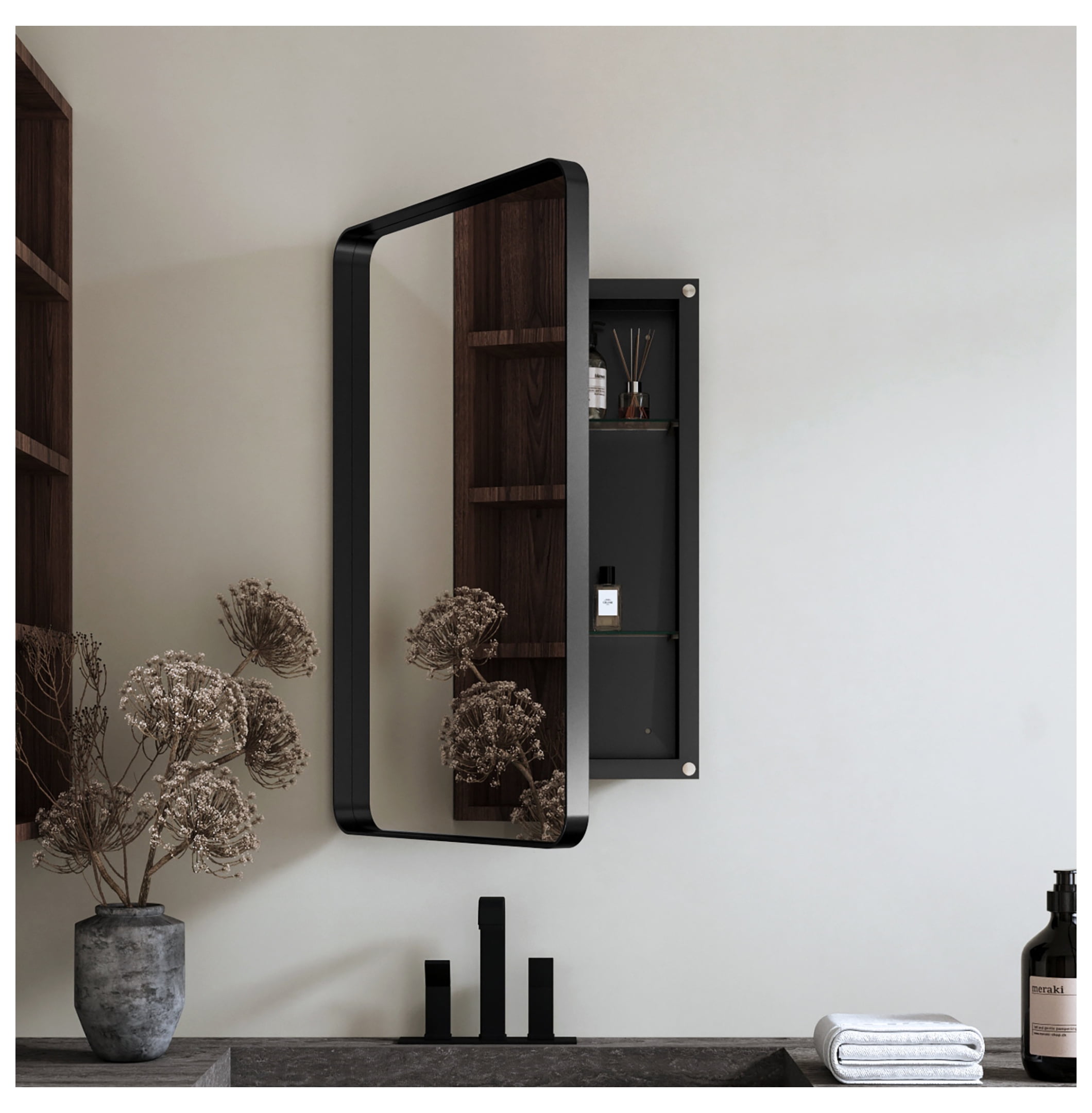 20x30 Inch Recessed Black Metal Framed Medicine Cabinet with Mirror and ...
